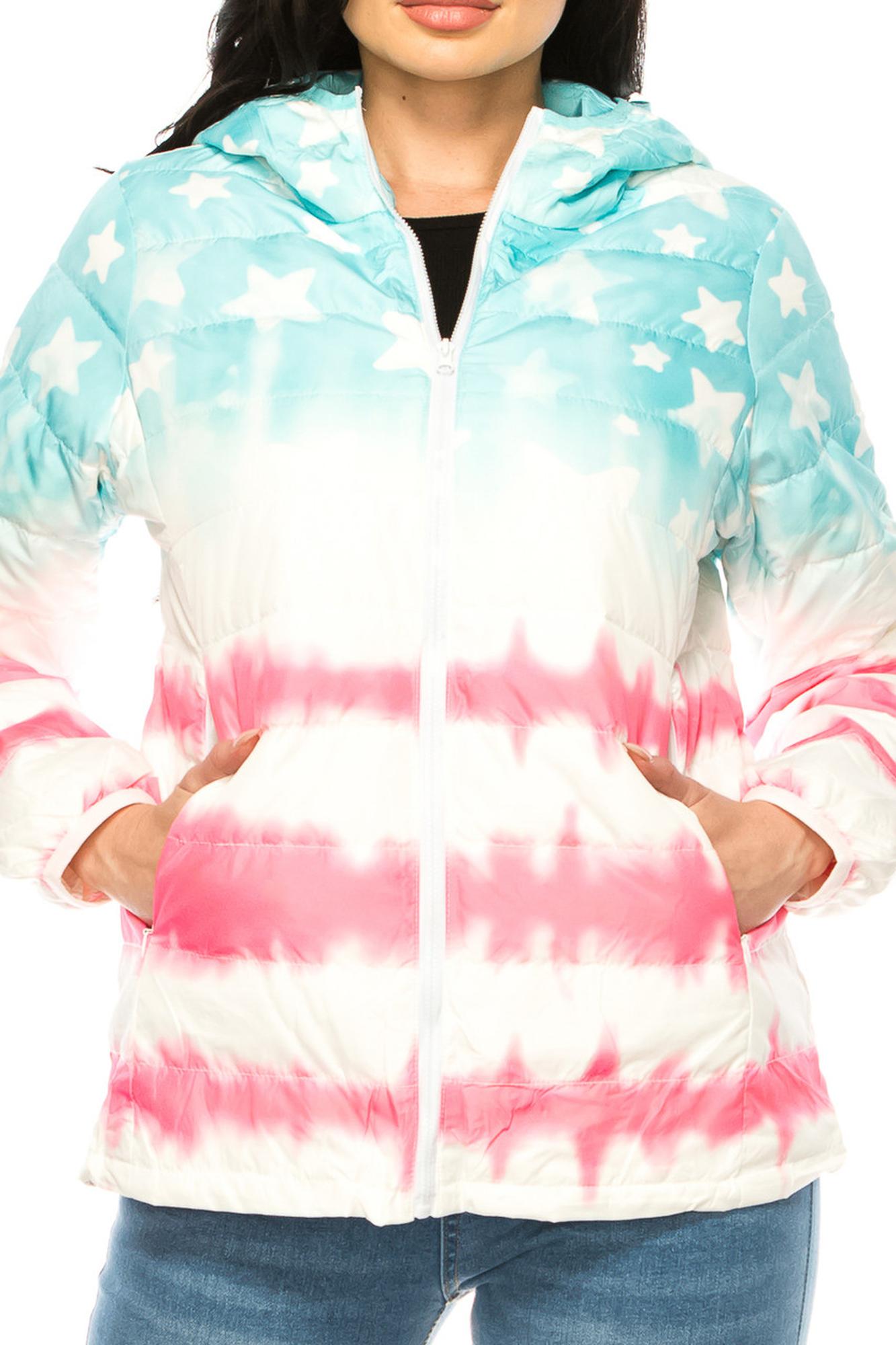 Women's Pink & Blue Star Daub Winter Puffer Down Jacket | Only Leggings